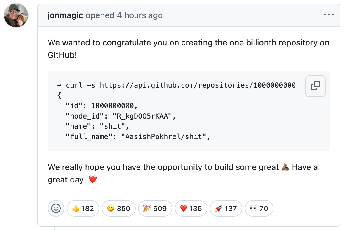 Congratulations on creating the one billionth repository on GitHub ...